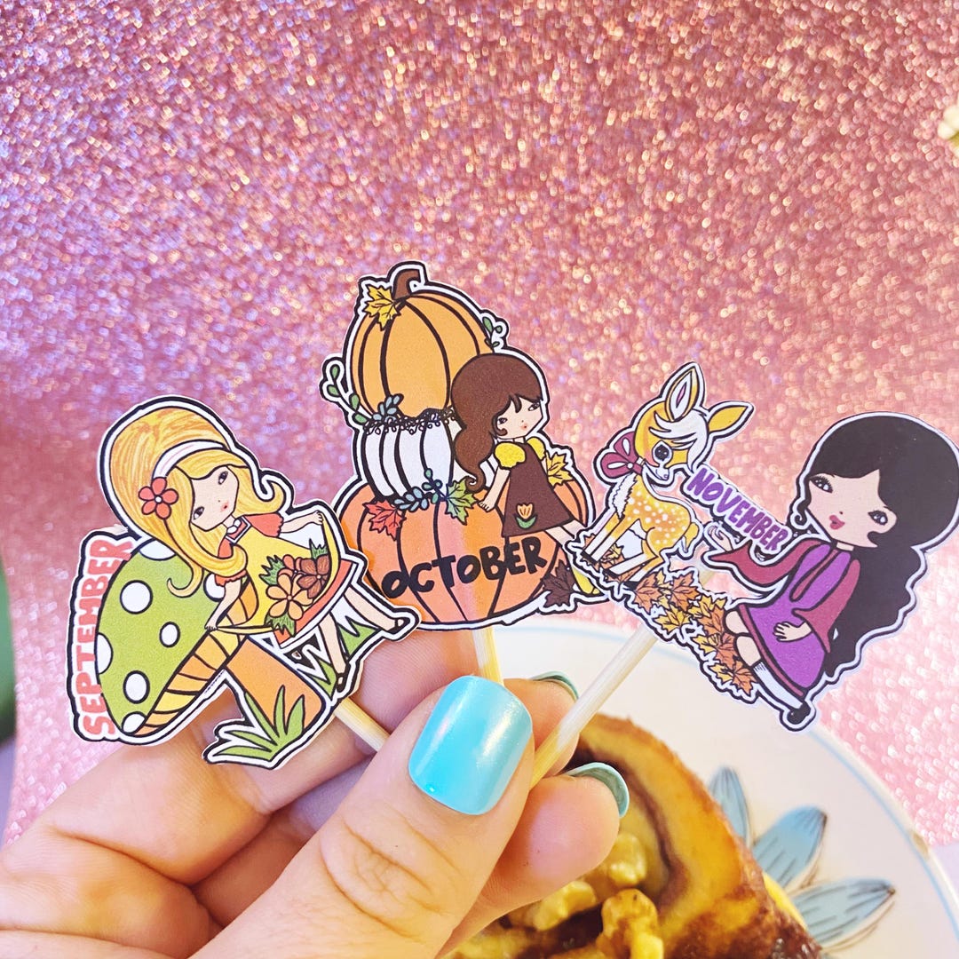 Vintage Month Girl Cupcake Toppers Mushroom, Butterfly, 1960s and 1970 ...