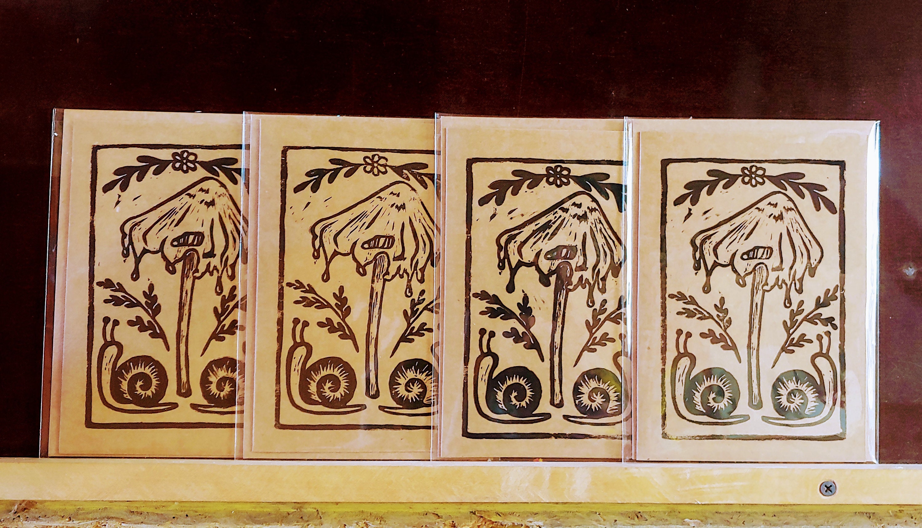 Inky Cap Snails Block Print Card Set of Four Linocut Mushroom Snail ...