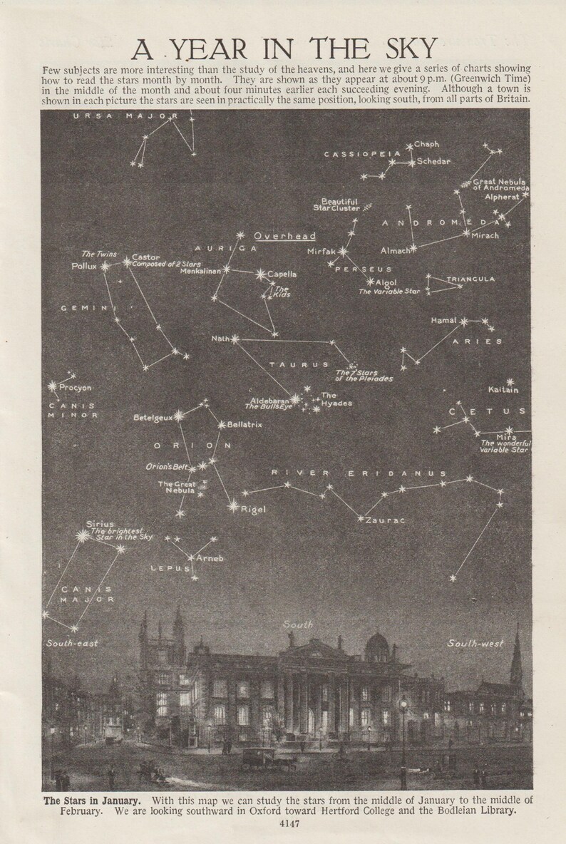 Vintage Black and White Book Illustration - the Stars in January and ...