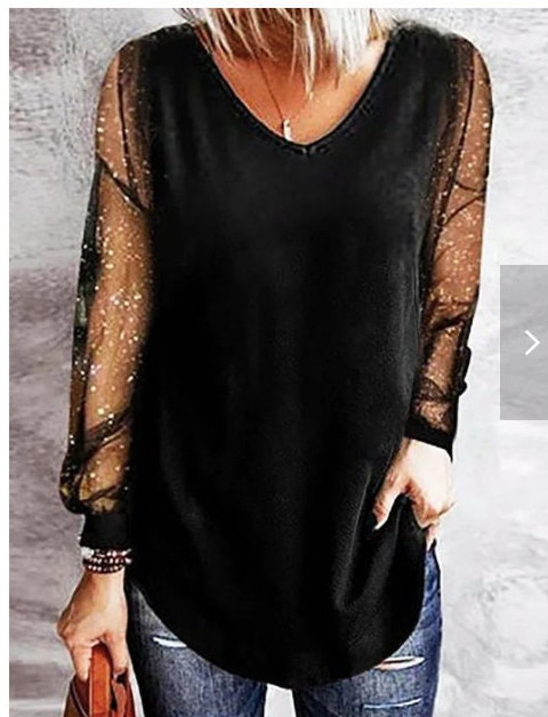Plus Size 100% Cotton Tee Shirt With Long Mesh Glittery Sleeves Size ...
