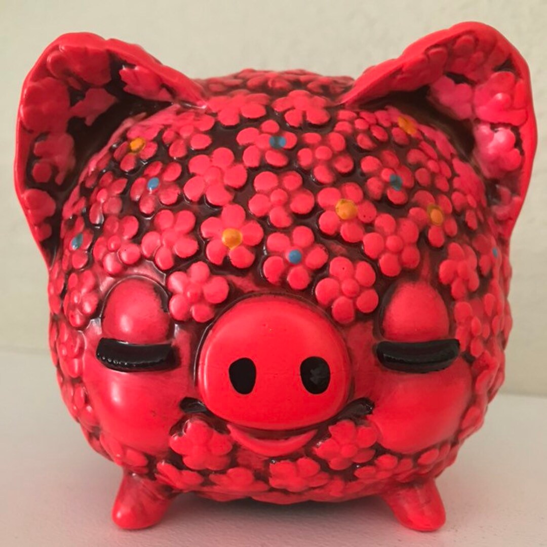 Vintage Ceramaster Ceramic PIG Piggy Bank Raised Flowers Curly Tail ...