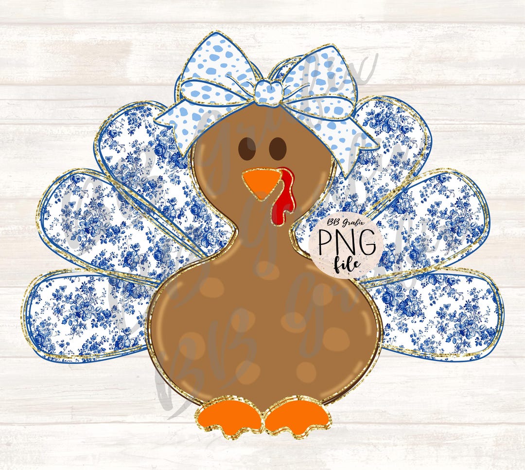 Digital PNG File Cute Girl Turkey Bow Blue Chinoiserie Toile ...