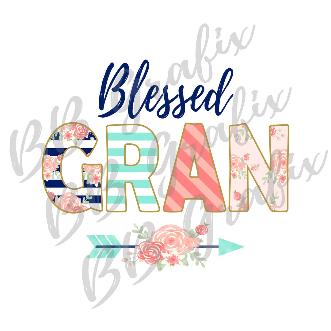 Digital Png File - Blessed Gran - Floral - Stripes - Navy Blue, Coral ...