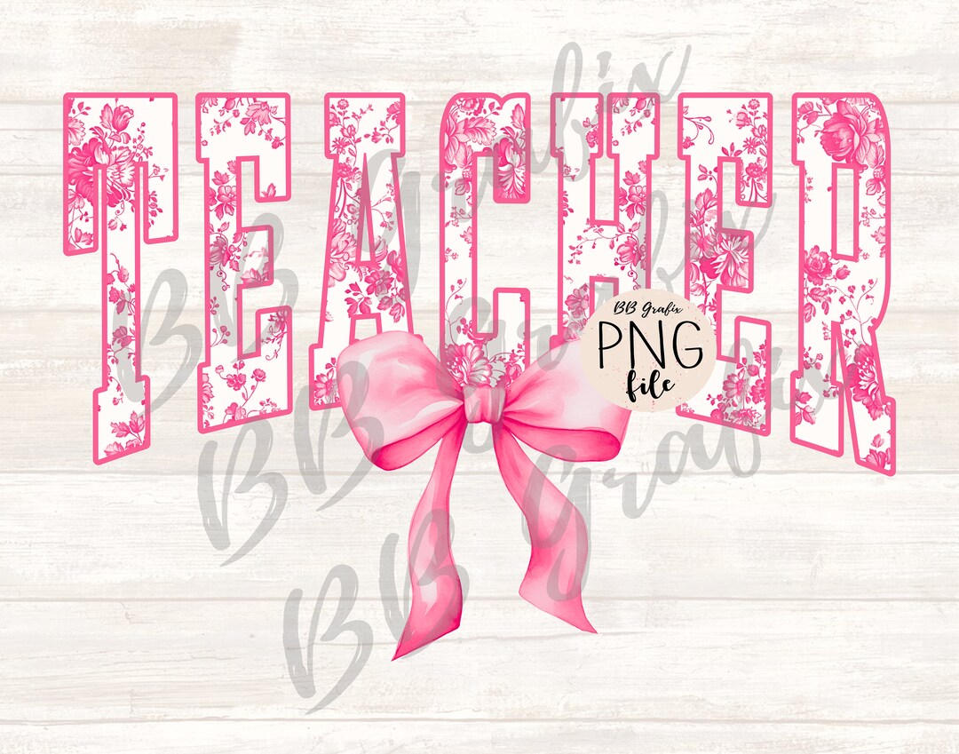 Digital Png File Teacher Floral Toile Pink Water Color Coquette Bow ...