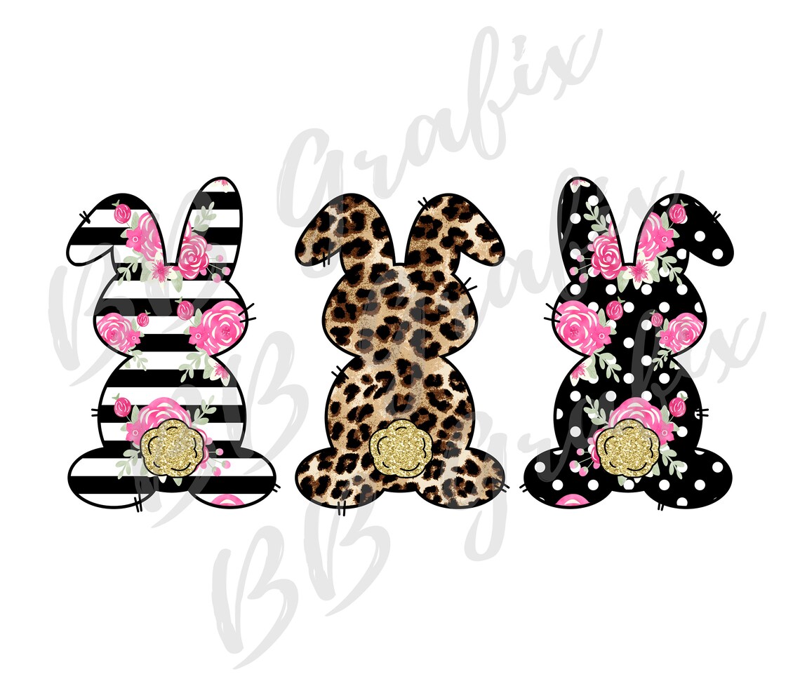 Digital Png File Bunny Rabbit Trio Dark Pink Floral | Etsy