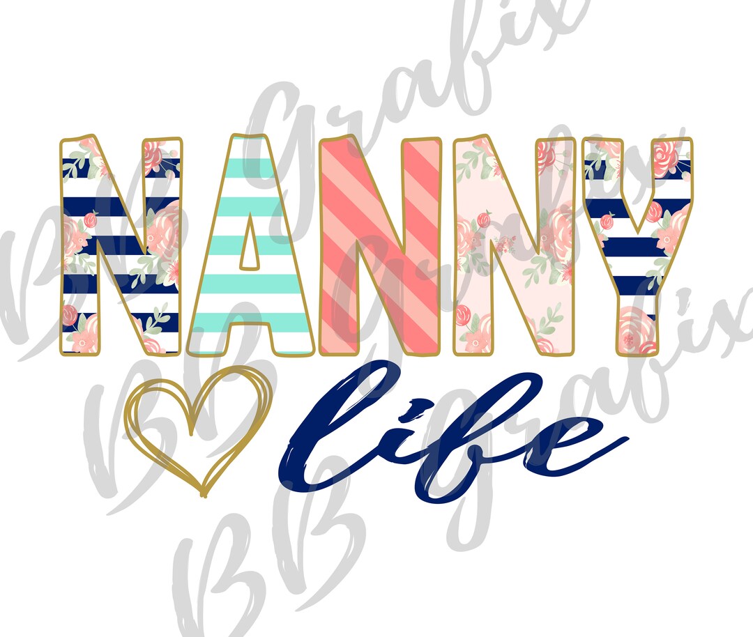 Digital Png File - Nanny Life Floral Stripes - Navy Blue, Coral, Pale ...