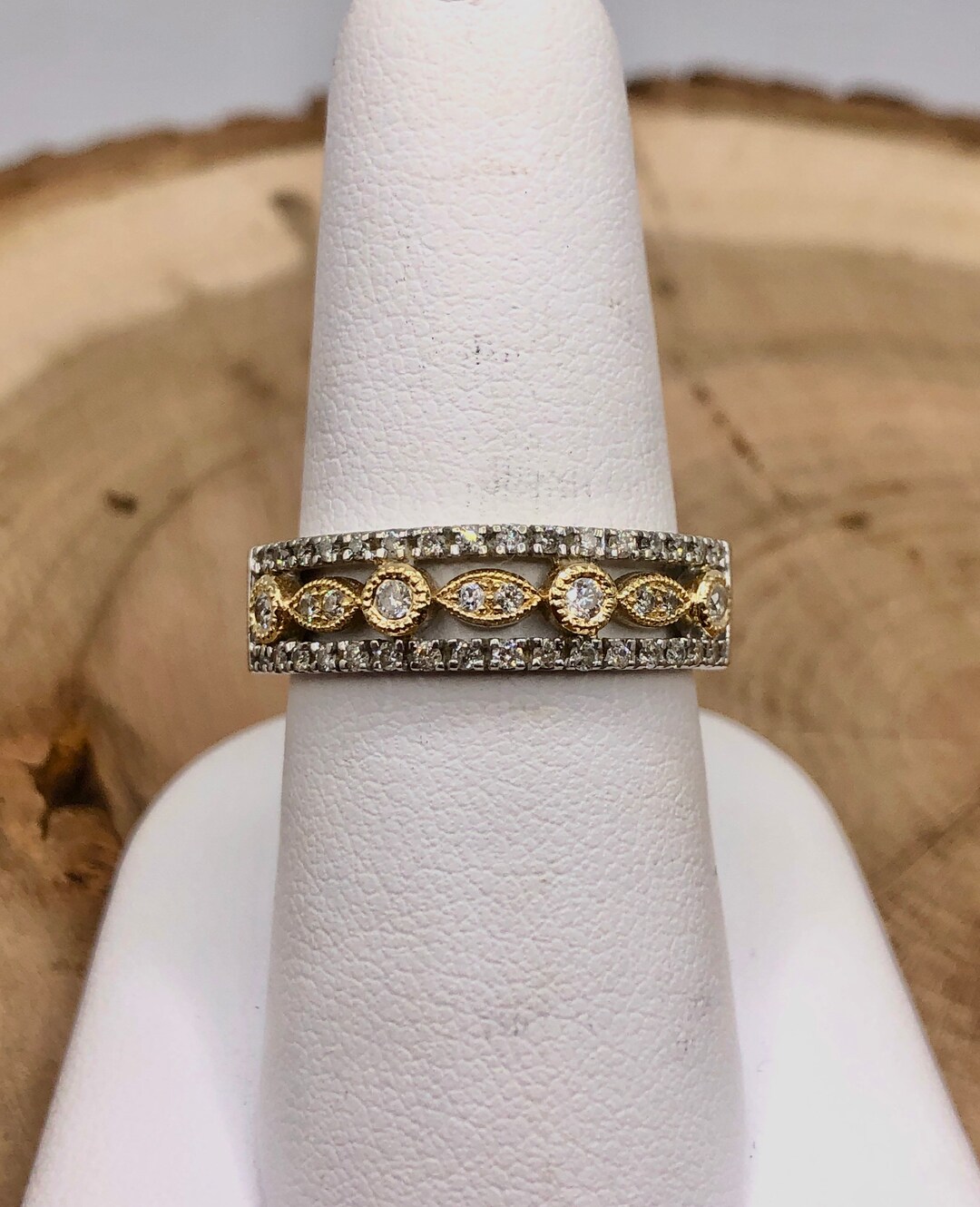 Unique 14K White and Yellow Gold Keepsake Ring With Real Diamonds SIZE ...