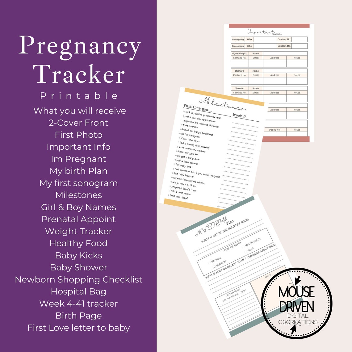 Digital Printable Pregnancy Tracker Planner Baby Bump Journal Plus ...