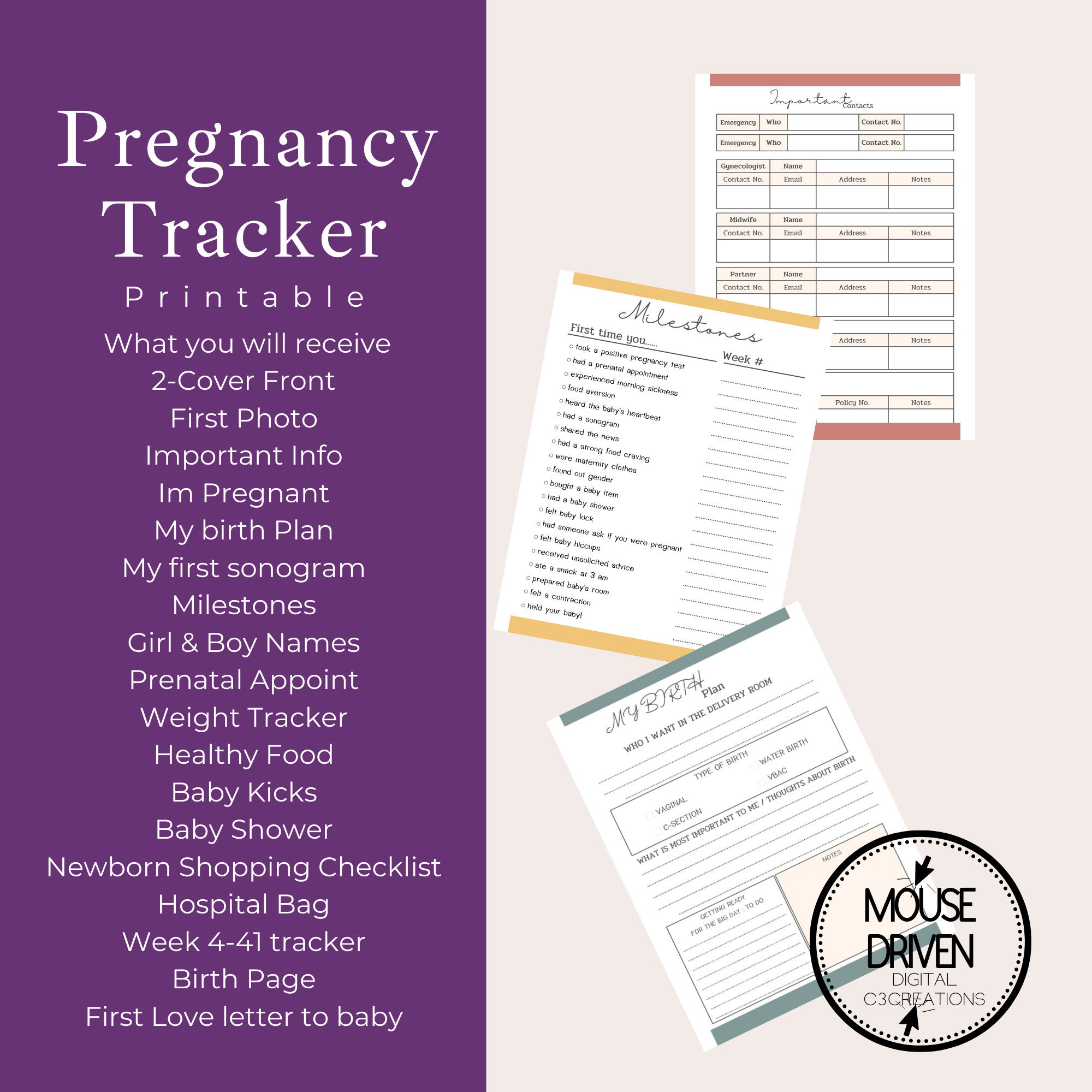 Digital Printable Pregnancy Tracker Planner Baby Bump Journal Plus ...