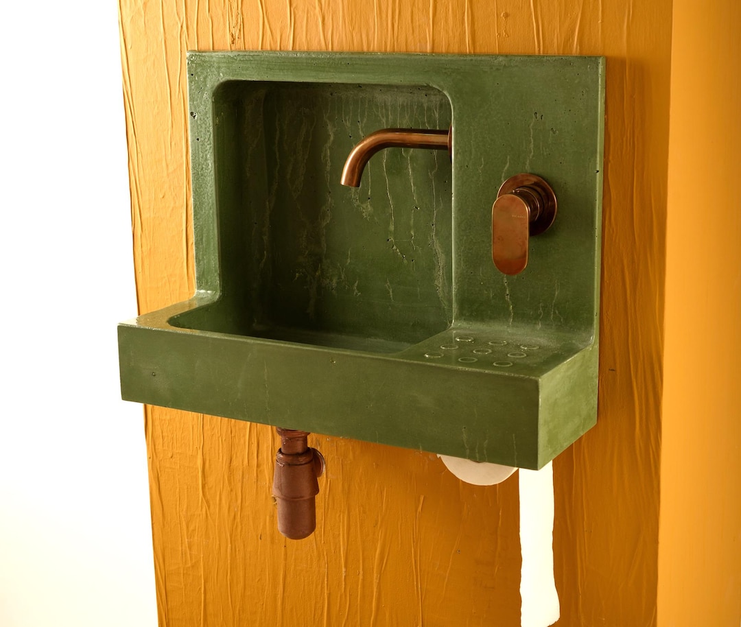 Handcrafted Green Concrete Wall-mounted Sink With Brass Tap - the ...