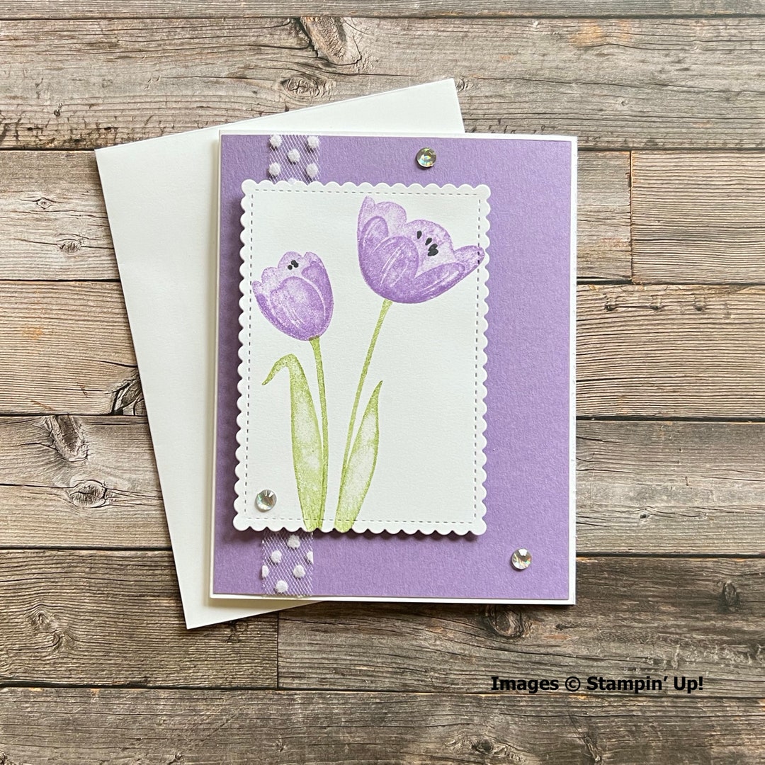Handmade Tulip Note Card: Stitched Border, Rhinestone Detail - Etsy