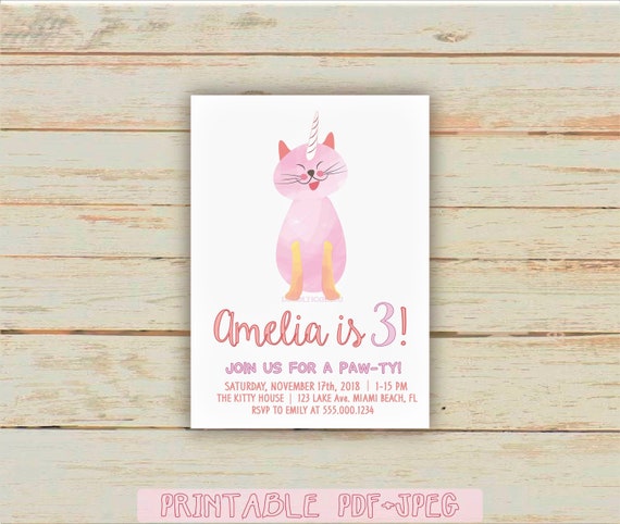 Cat Birthday Party Invitation Kitty Kitten Birthday Pawty | Etsy