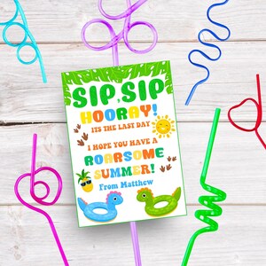 Printable Sip Sip Hooray Dinosaur Straw Tag Editable Silly Straw Gift ...