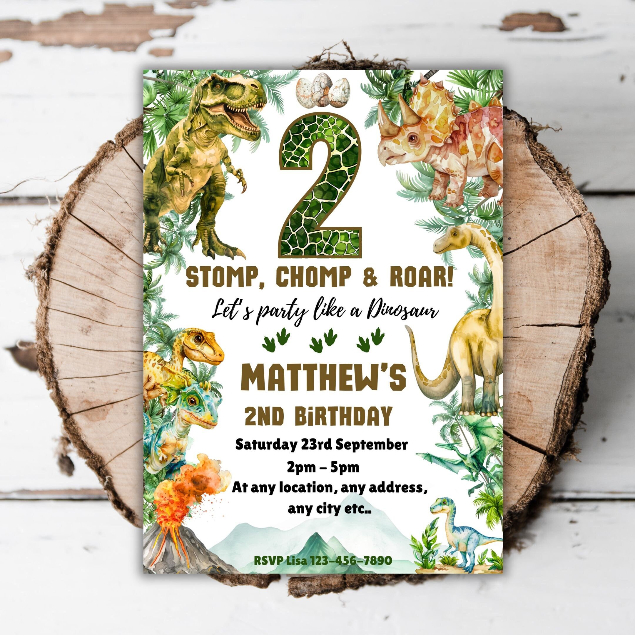 Printable Dinosaur Boys 2nd Birthday Invitation Dino Editable Jurassic ...