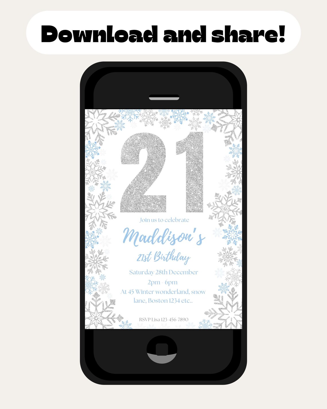 Printable Snowflake 21st Birthday Invitation Winter Wonderland Editable ...