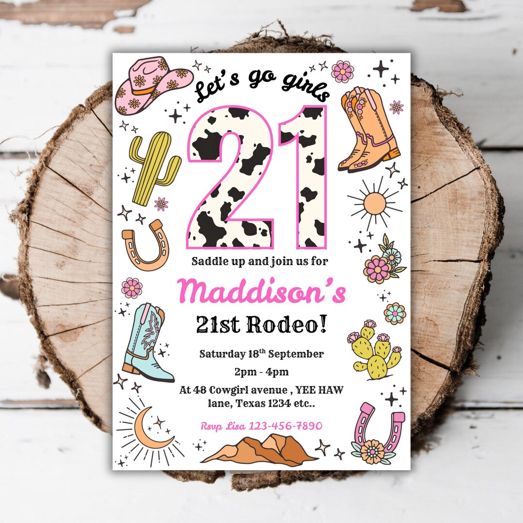 Printable Cowgirl 21st Birthday Invitation Girls Wild West Rodeo ...