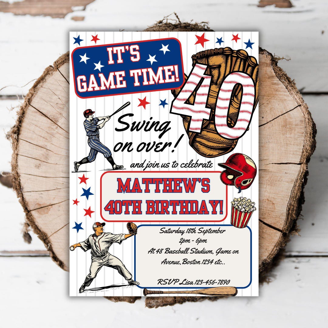 Printable Baseball 40th Birthday Invitation Mens All Star Editable ...
