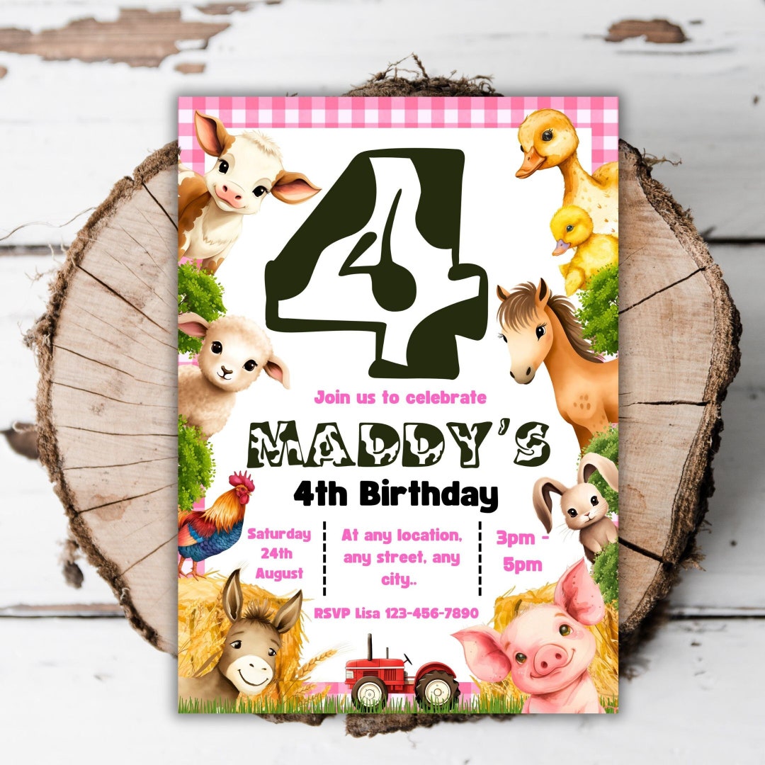 Printable Farm 4th Birthday Party Invitation Barnyard Editable Farm ...