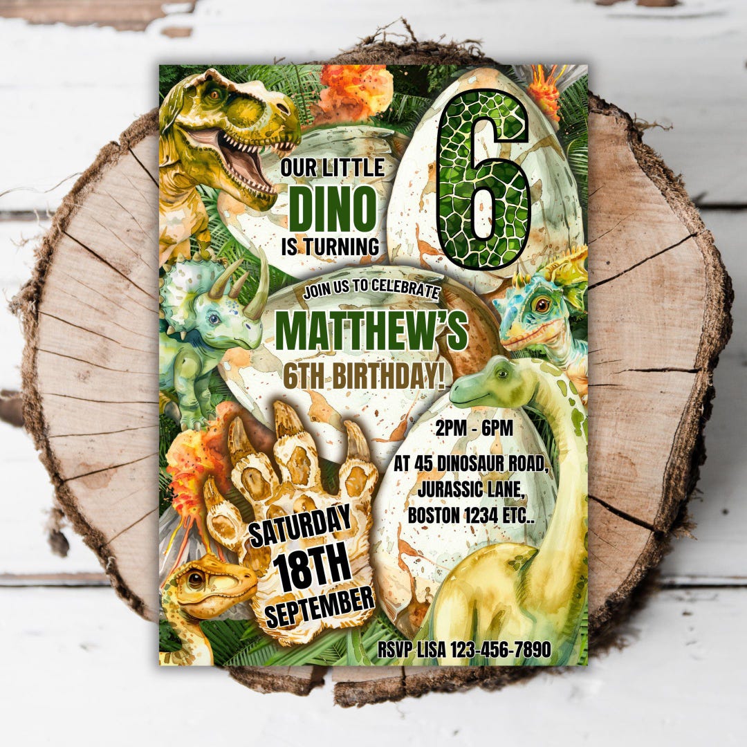 Printable Dinosaur Boys 6th Birthday Invitation Dino Editable Jurassic ...