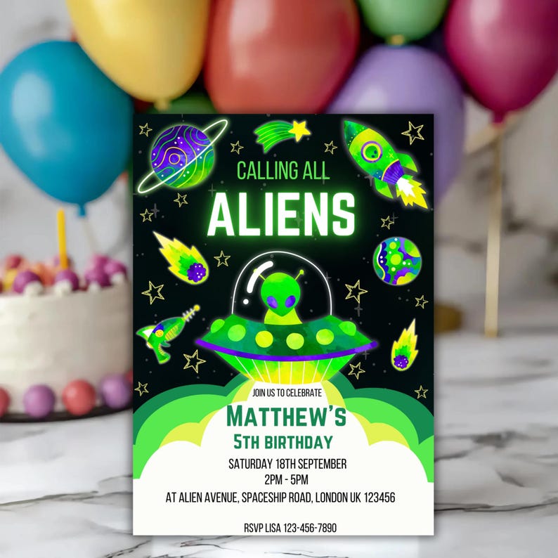 Printable Alien Birthday Invitation Boys Neon Alien Spaceship Editable ...