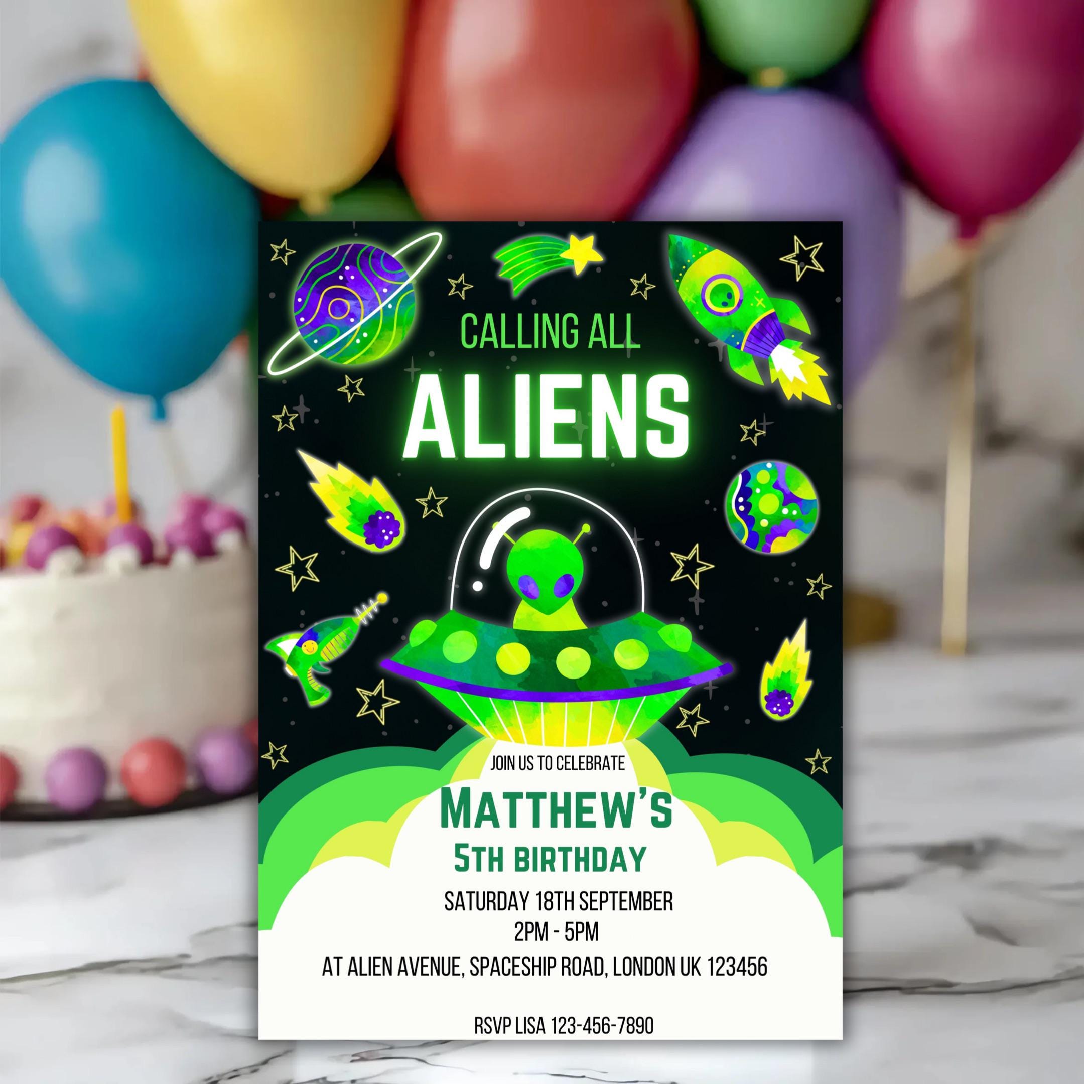 Printable Alien Birthday Invitation Boys Neon Alien Spaceship Editable ...