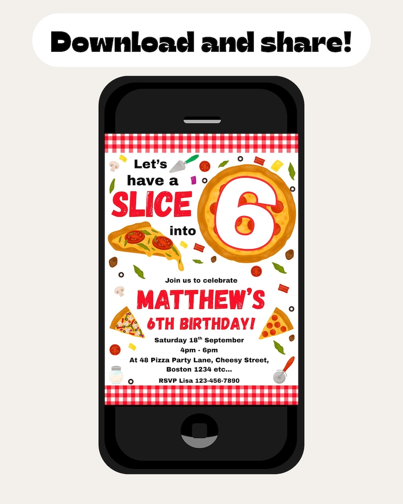 Printable Pizza Party 6th Birthday Invitation Editable Boys Girls 6th ...