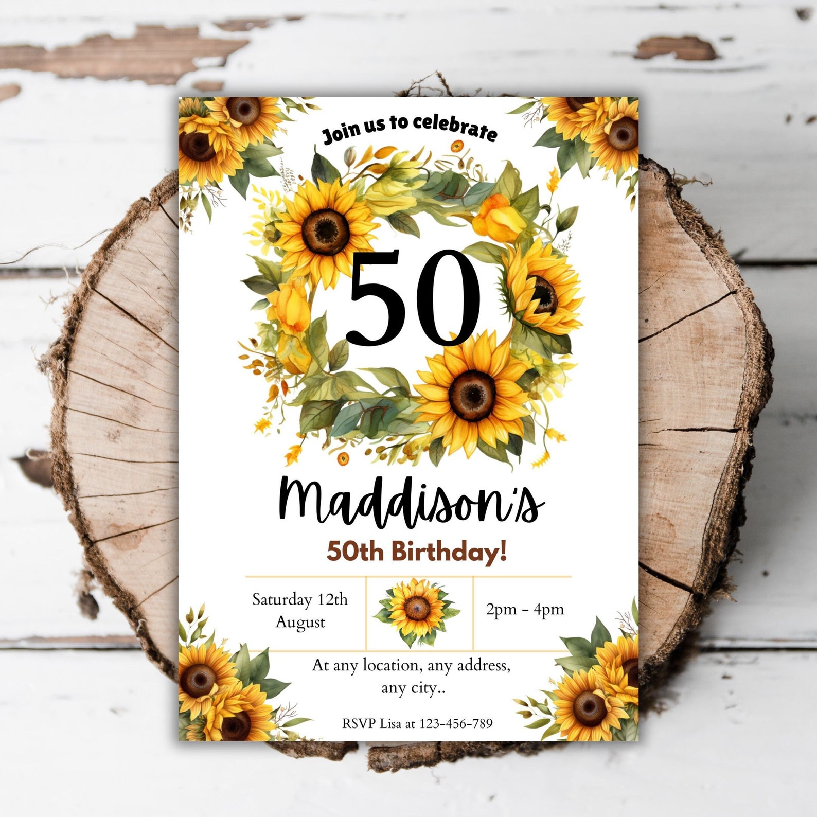 Printable Sunflower 50th Birthday Invitation Editable Rustic Flower ...