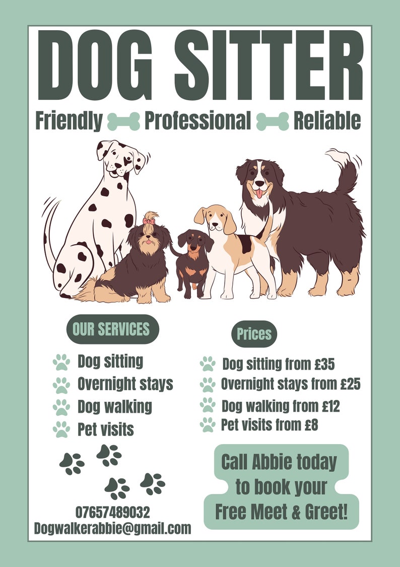Printable Dog Sitting Business Flyer Dog Walking Flyer Doggy Daycare ...