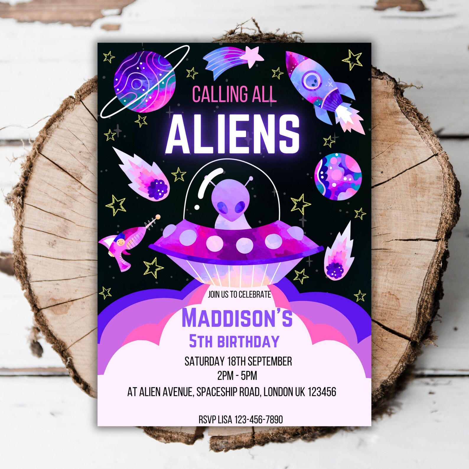 Printable Alien Birthday Invitation Girls Neon Alien Spaceship Editable ...