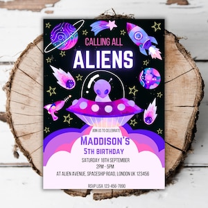 Printable Alien Birthday Invitation Girls Neon Alien Spaceship Editable ...
