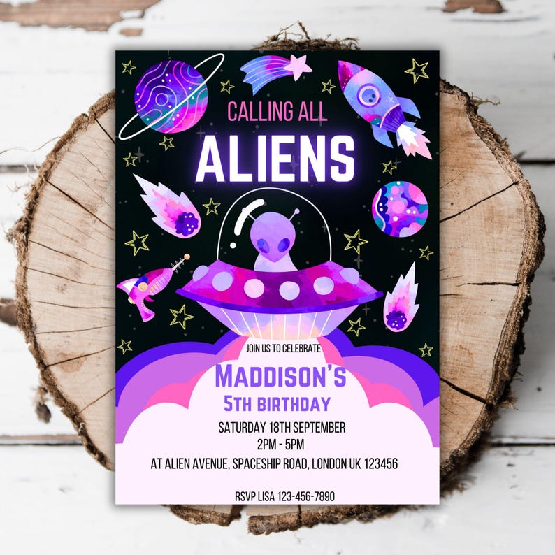 Printable Alien Birthday Invitation Girls Neon Alien Spaceship Editable ...