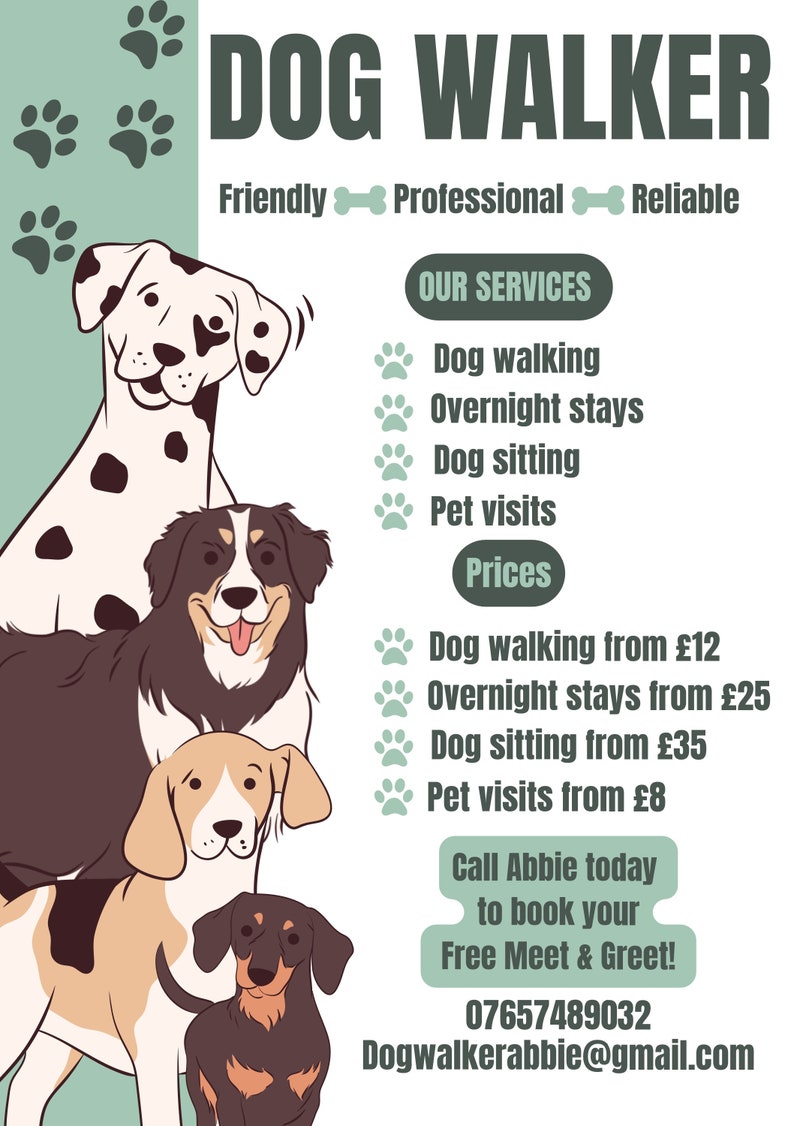 Printable Dog Walking Business Flyer Dog Sitting Flyer Doggy Daycare ...