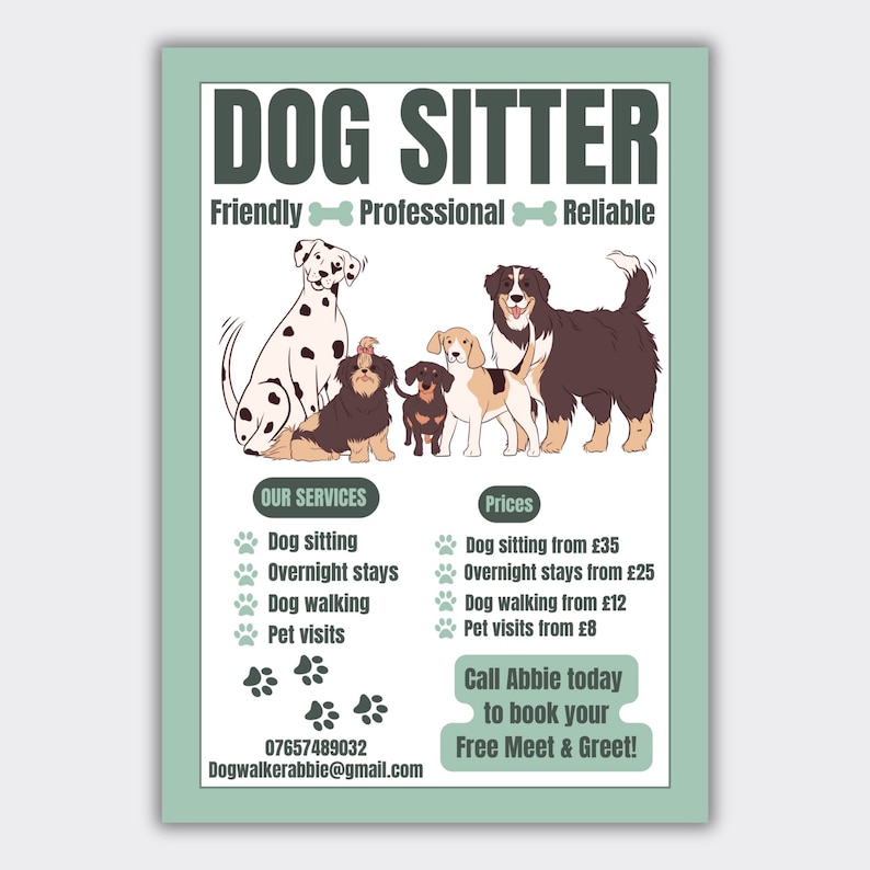 Printable Dog Sitting Business Flyer Dog Walking Flyer Doggy Daycare ...