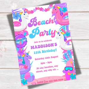 Printable Unicorn Beach Party Invitation Pool Party Invite Girls ...