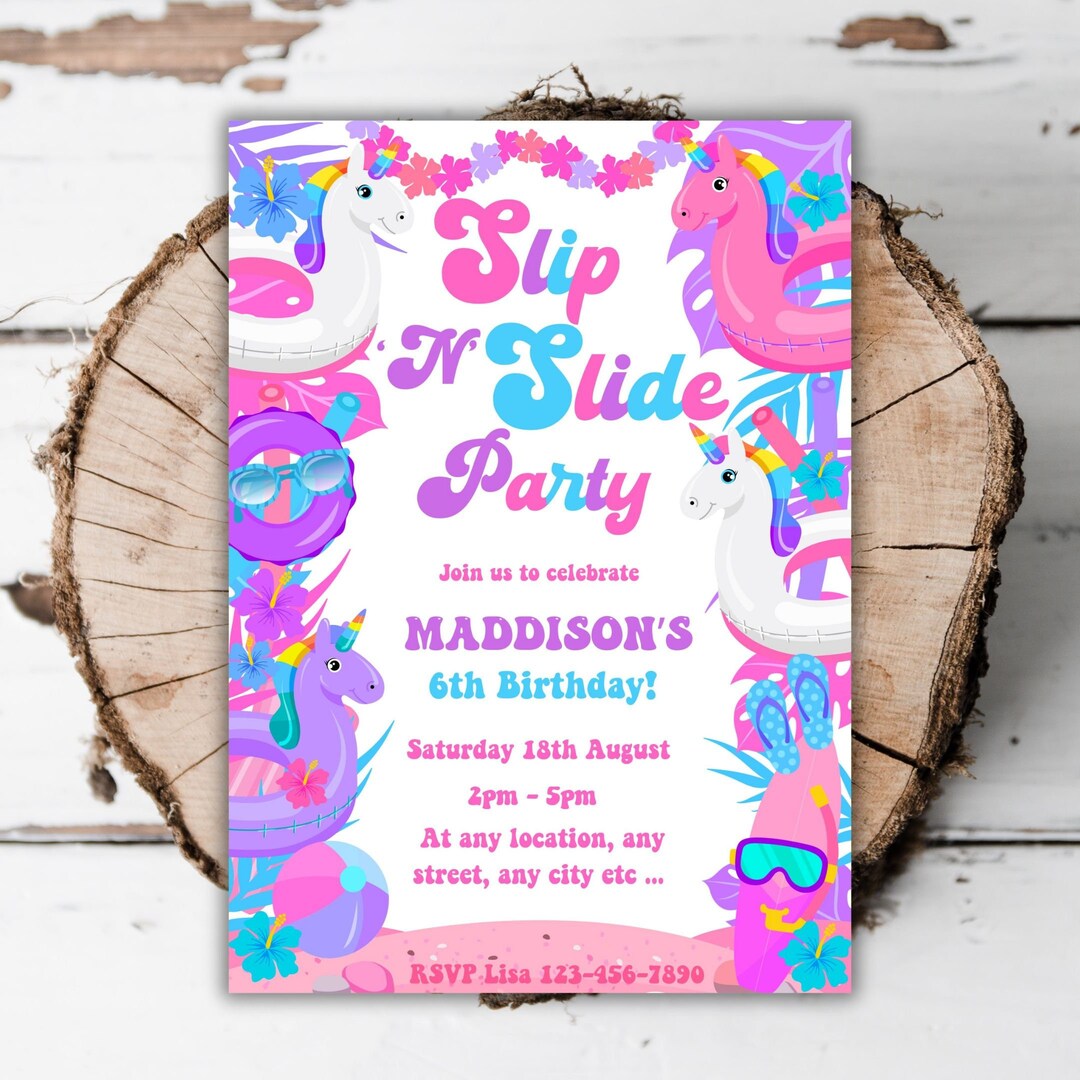 Printable Unicorn Slip ‘N’ Slide Pool Party Bash Girls Birthday ...