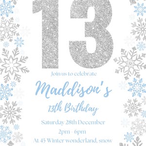 Printable Snowflake 13th Birthday Invitation Winter Wonderland Glitter ...