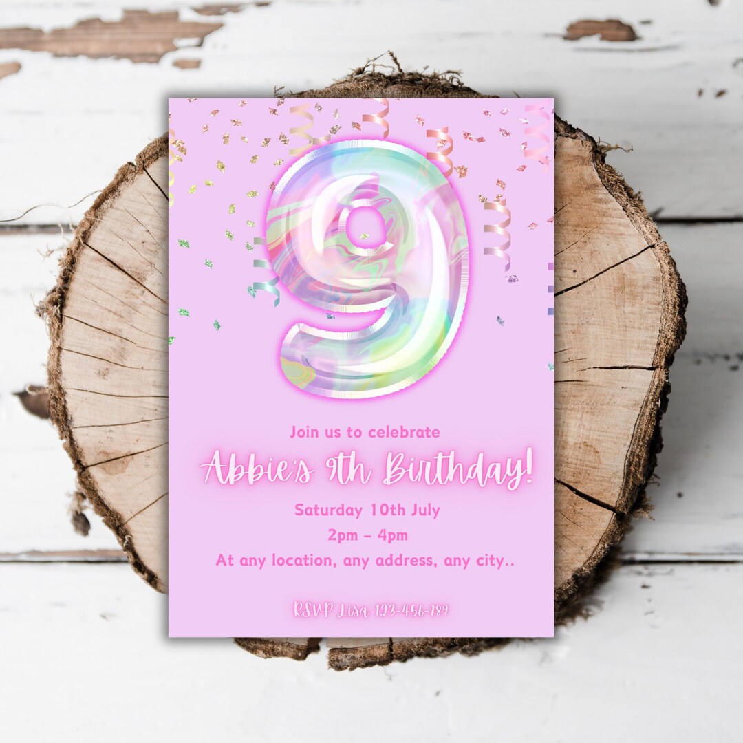 Editable Pink Girls 9th Birthday Invitation Glitter Template Foil ...