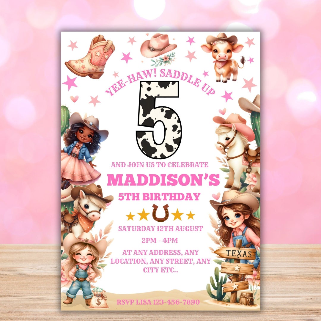 Printable Cowgirl 5th Birthday Invitation Girls Wild West Rodeo ...