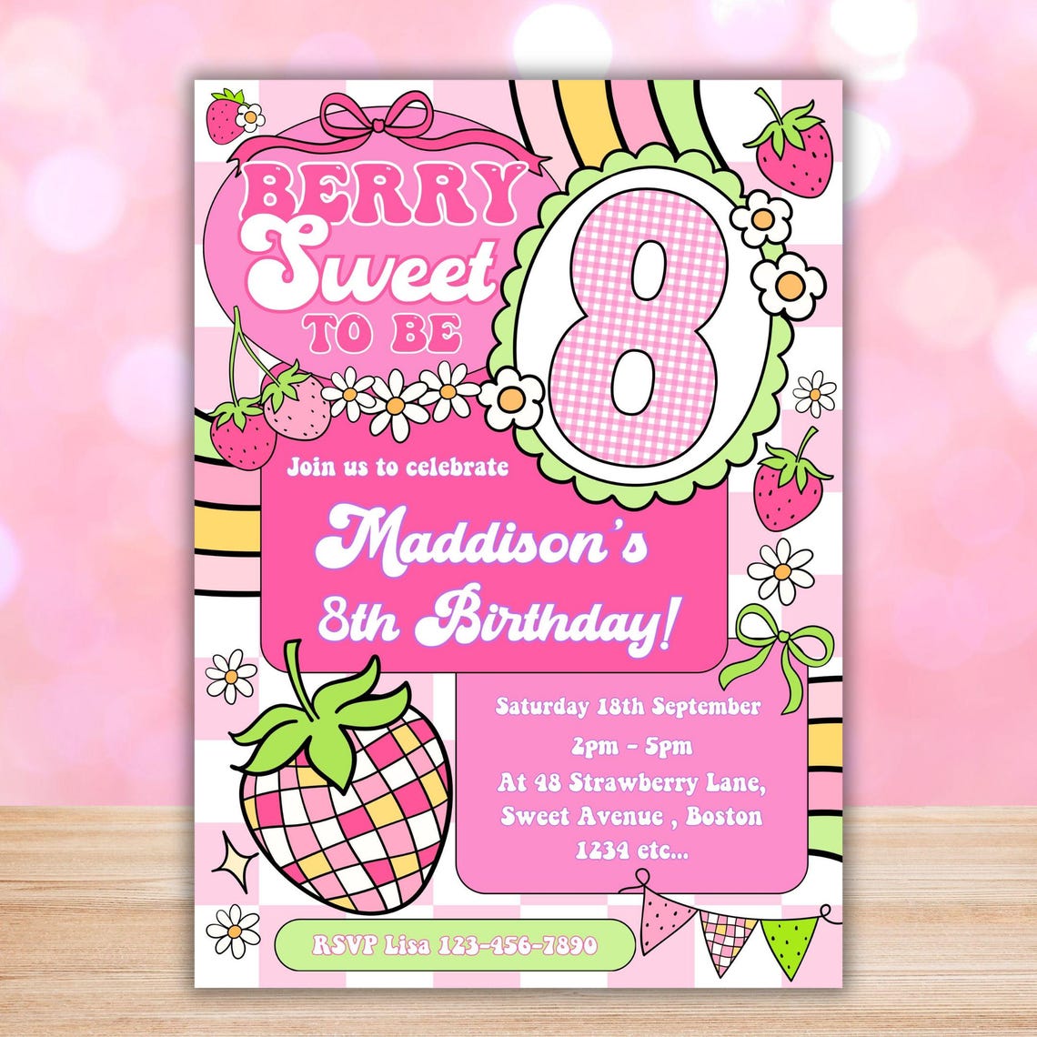 Printable Strawberry 8th Birthday Invitation Berry Eighth Editable ...