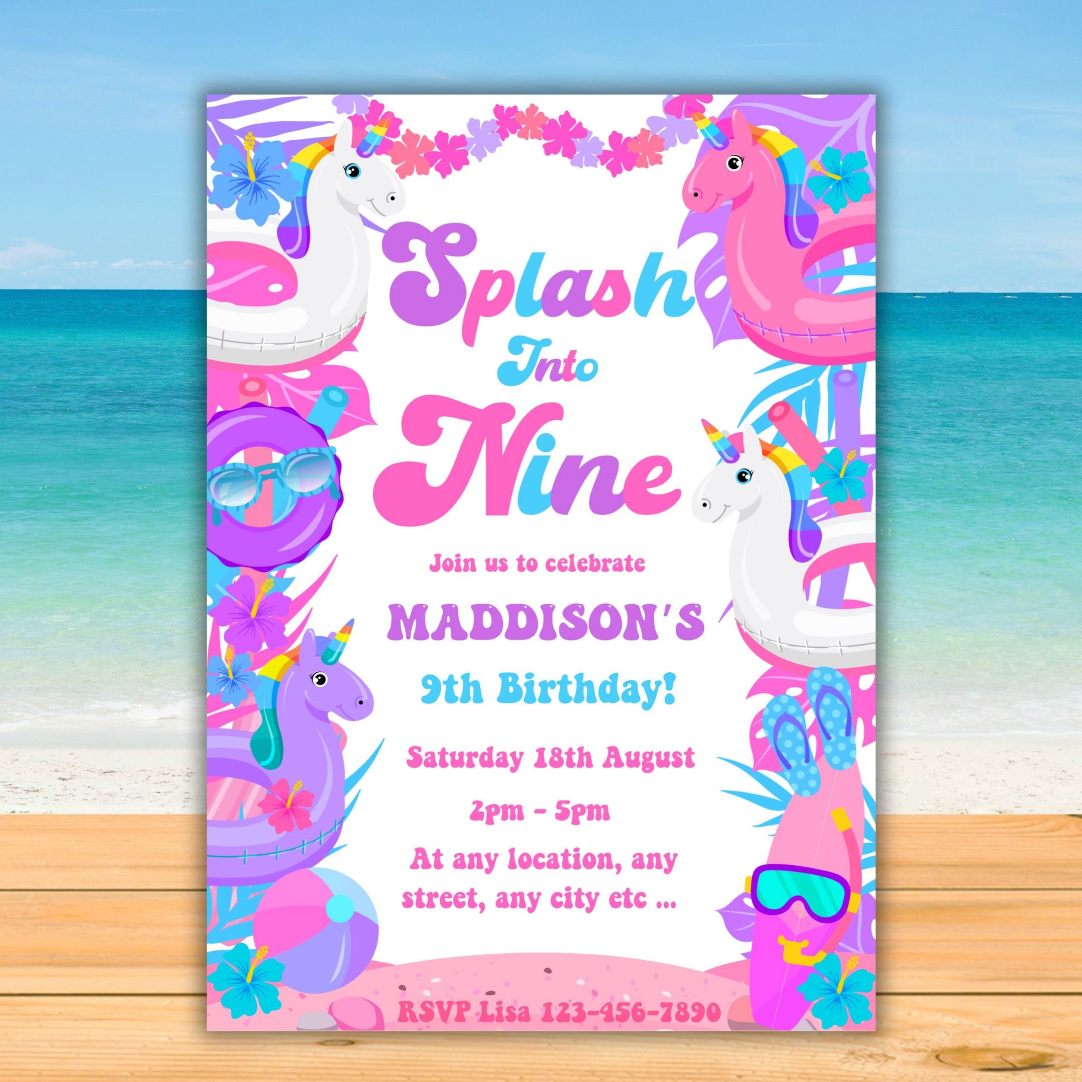 Printable Unicorn Splash Into Nine Pool Party Bash Girls 9th Birthday ...