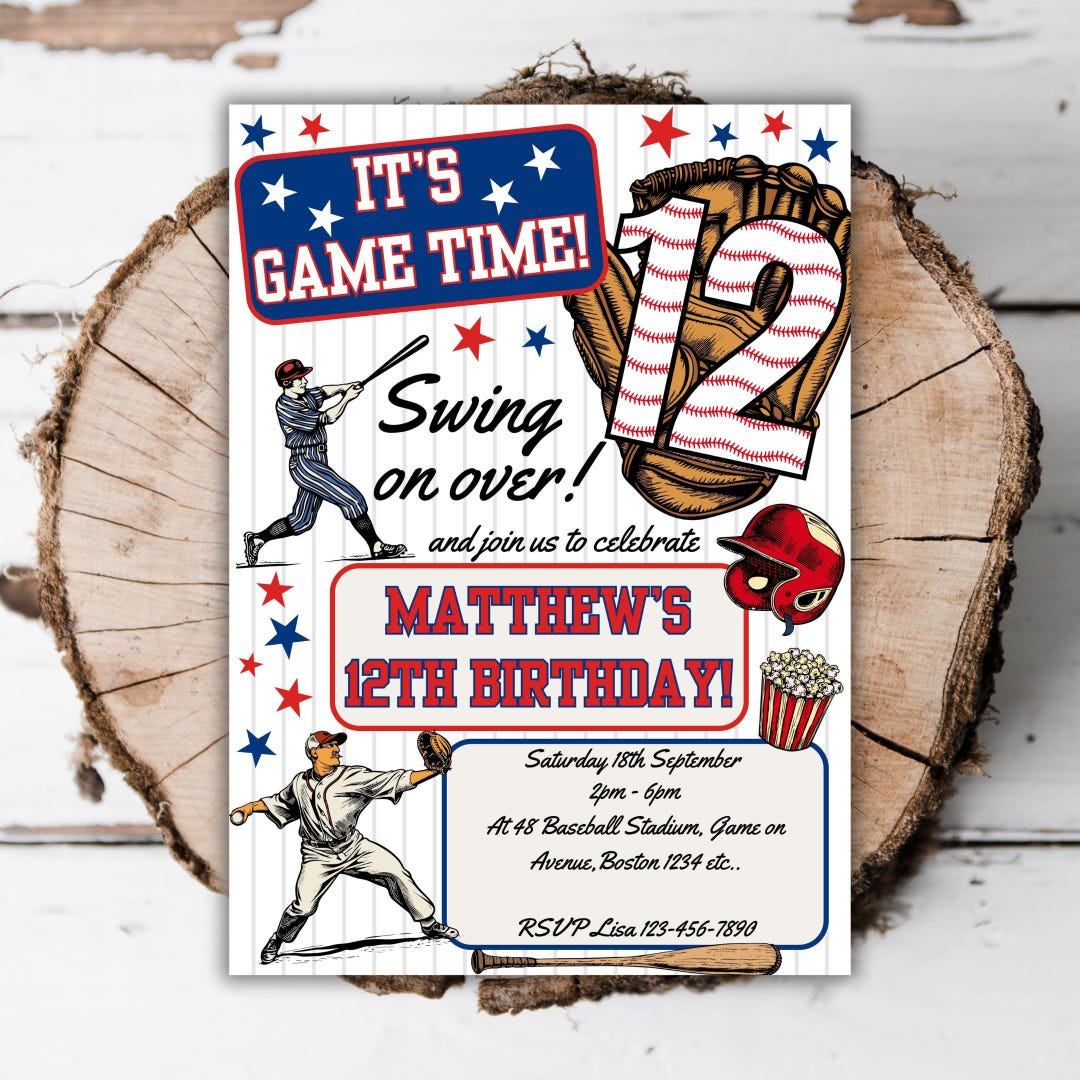 Printable Baseball 12th Birthday Invitation Boys All Star Editable ...