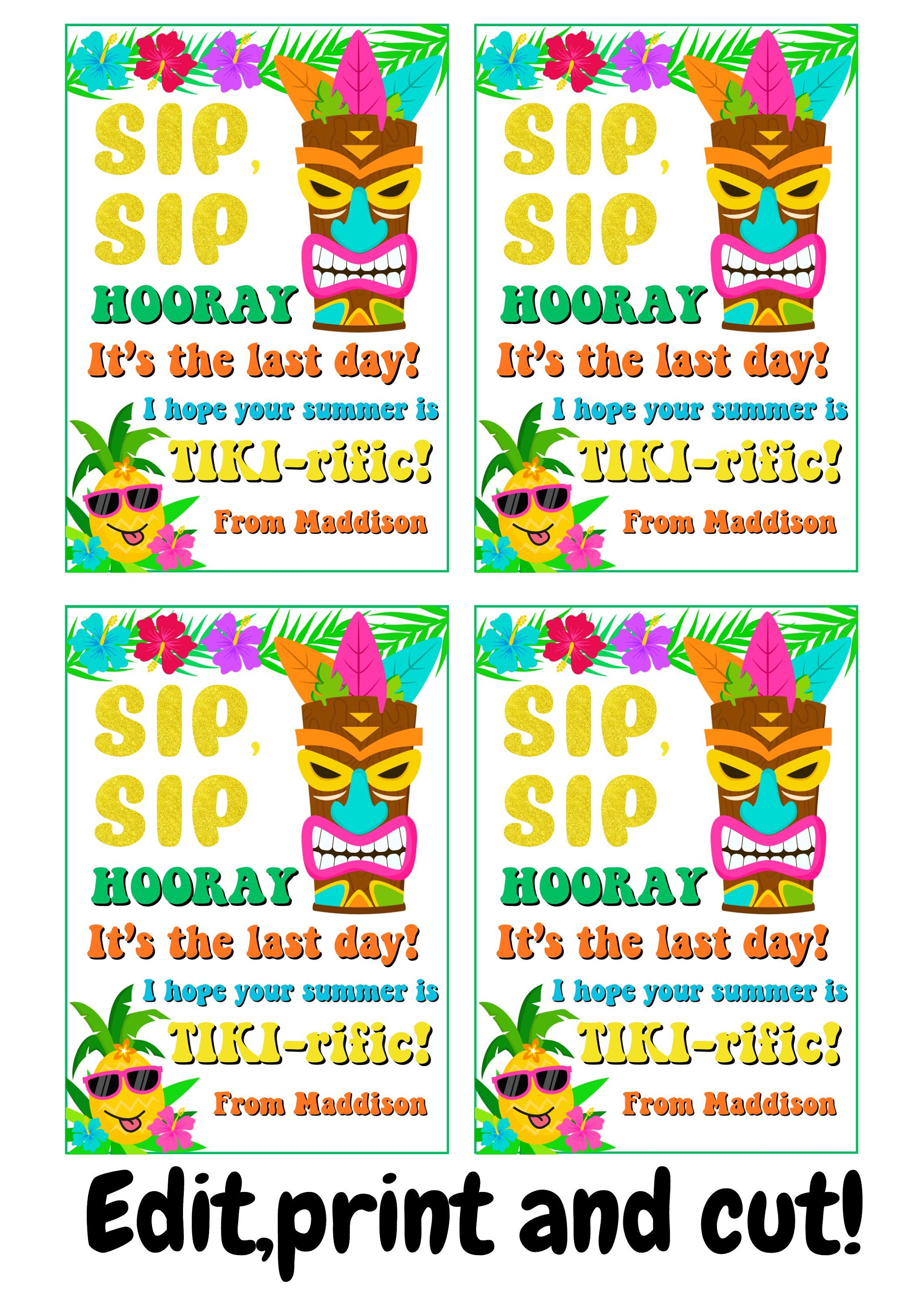 Printable Tiki Straw End of School Year Tag Editable Silly Straw Gift ...