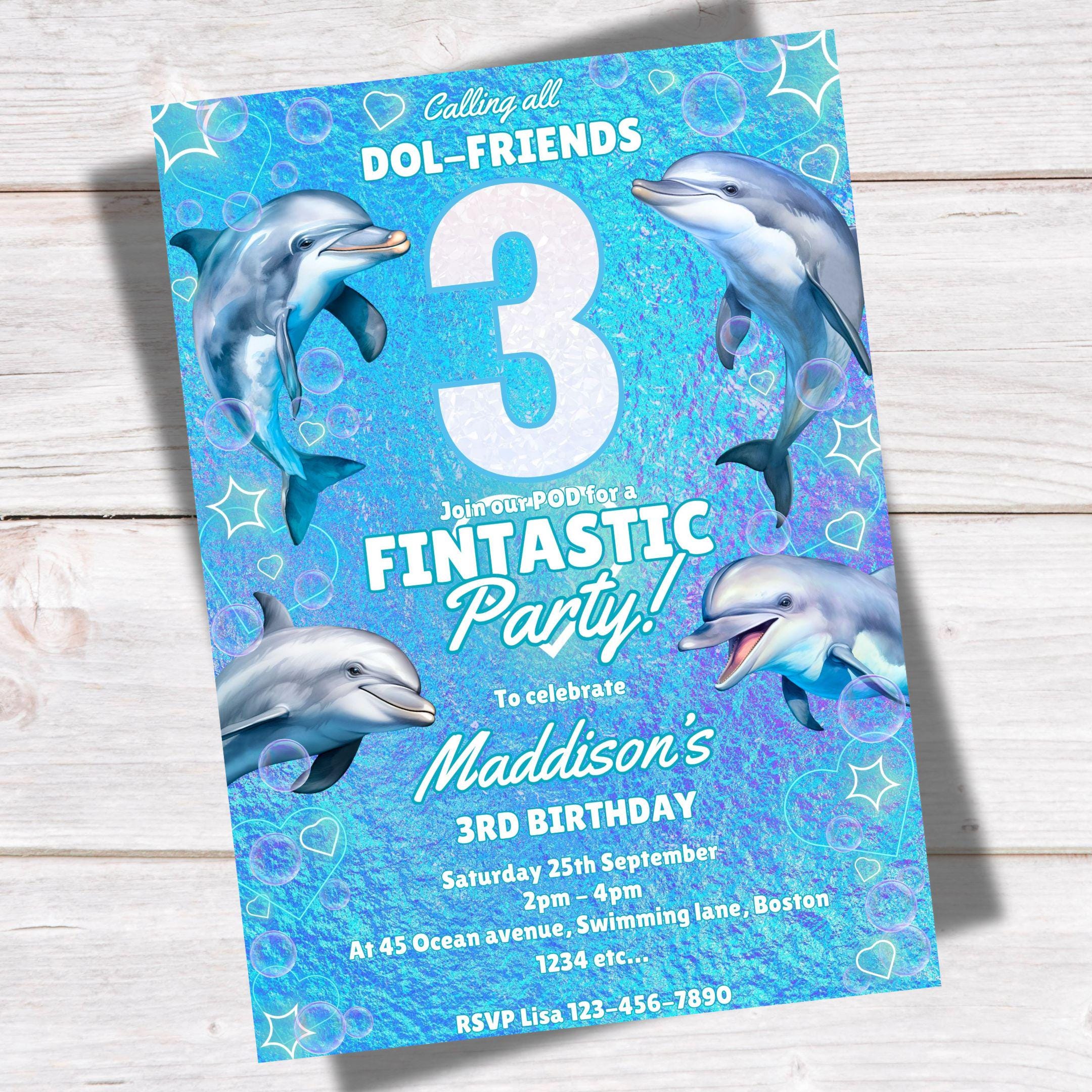 Printable Dolphin 3rd Birthday Invitation Girls Under the Sea Dolphin ...