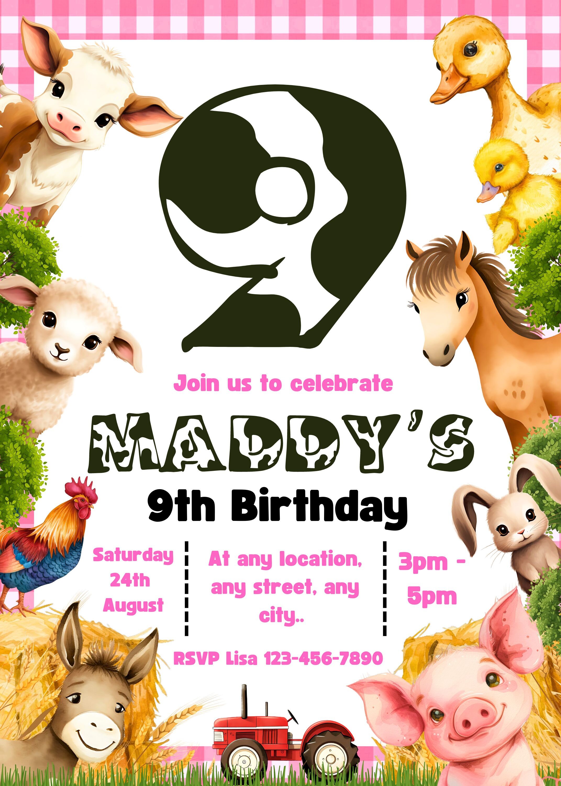 Printable Pink Farm 9th Birthday Party Invitation Barnyard Editable ...
