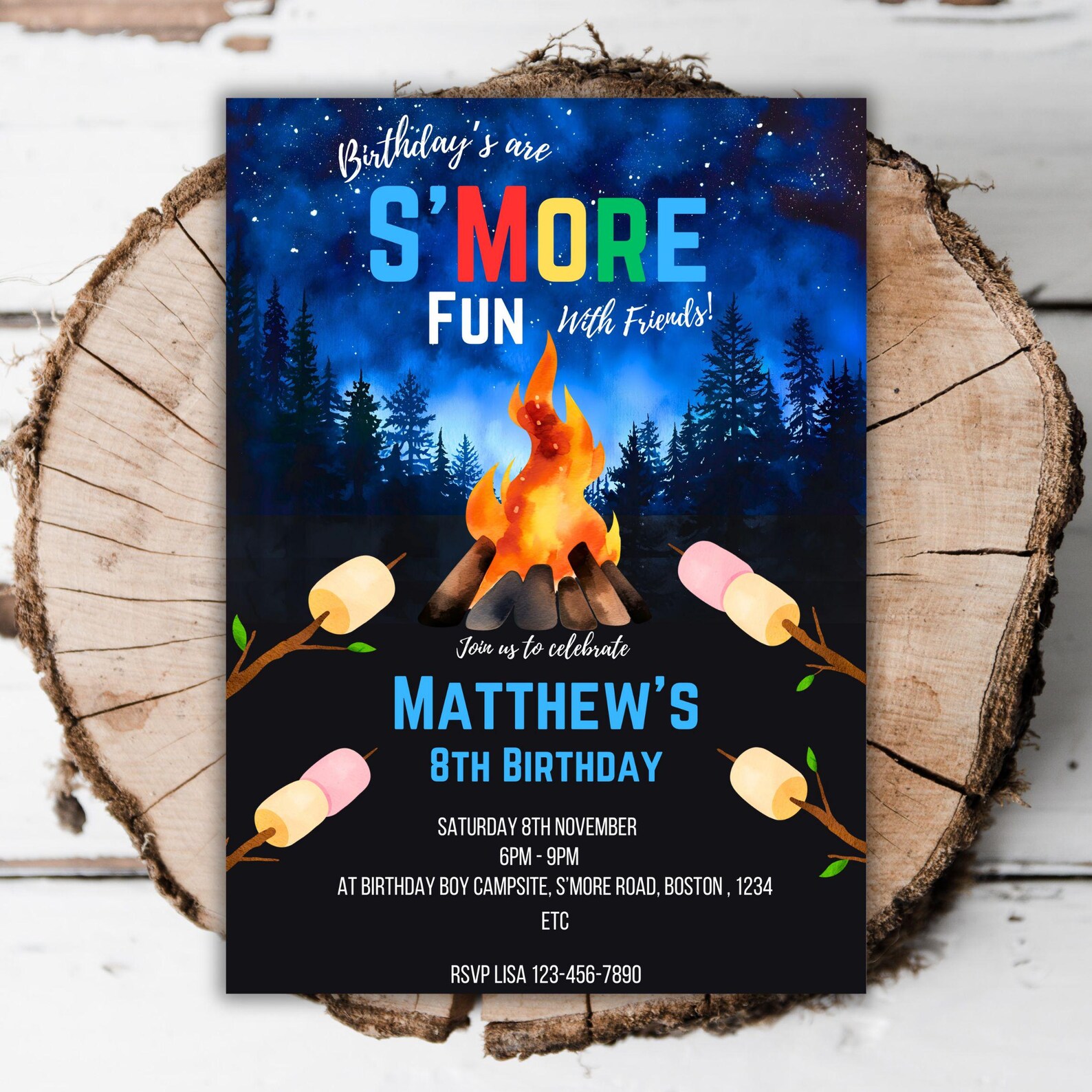 Printable Smore Birthday Invitation Boys Camping Party Editable Bonfire ...