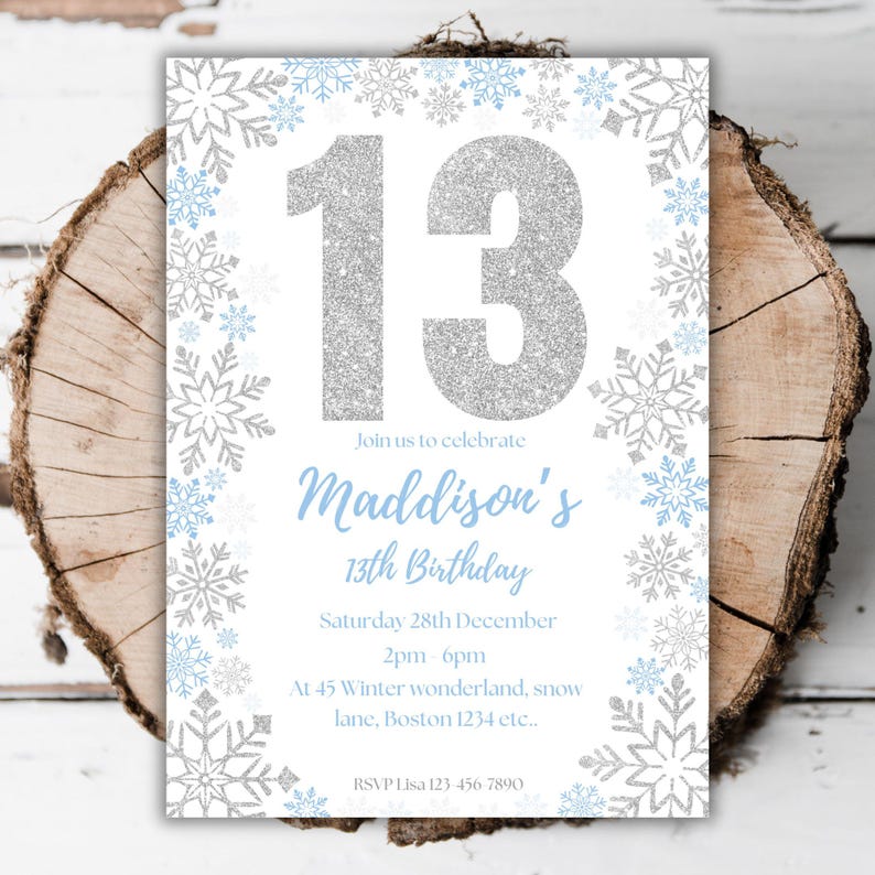 Printable Snowflake 13th Birthday Invitation Winter Wonderland Glitter ...