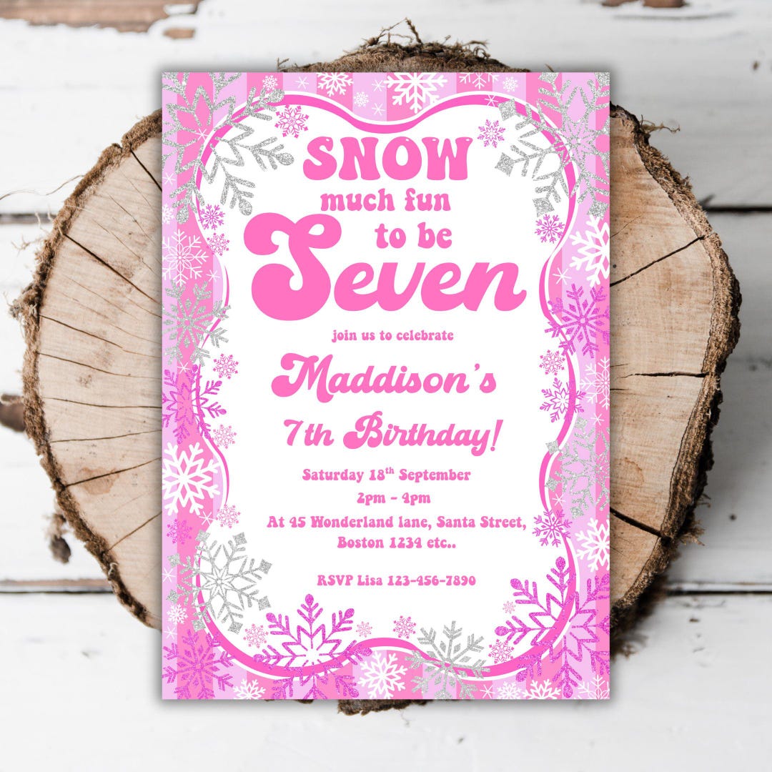 Printable Snowflake 7th Birthday Invitation Winter Wonderland Glitter ...