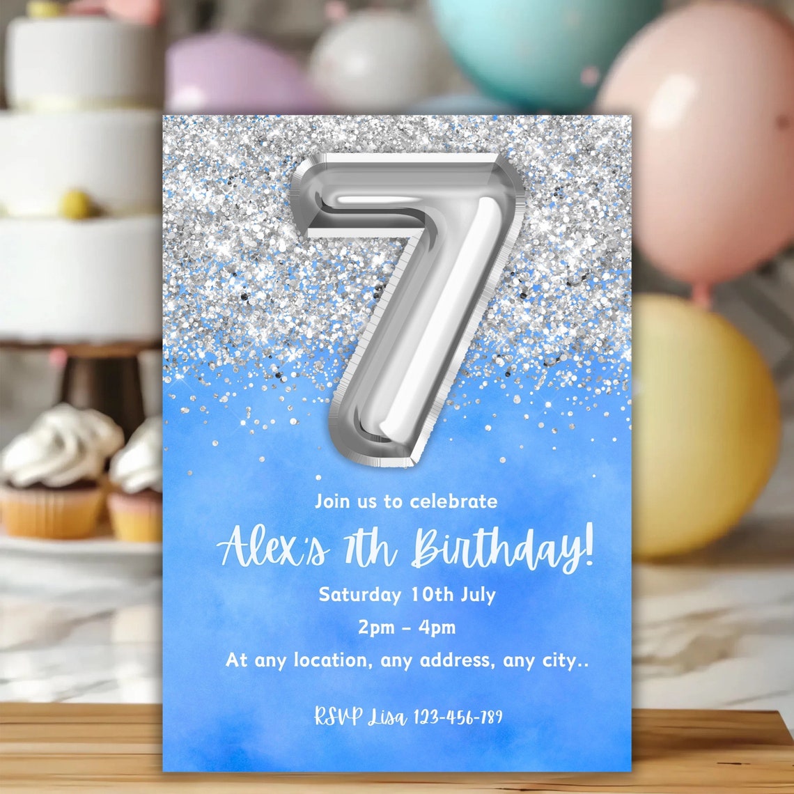 Printable Blue Silver 7th Birthday Invitation Glitter Template Foil ...