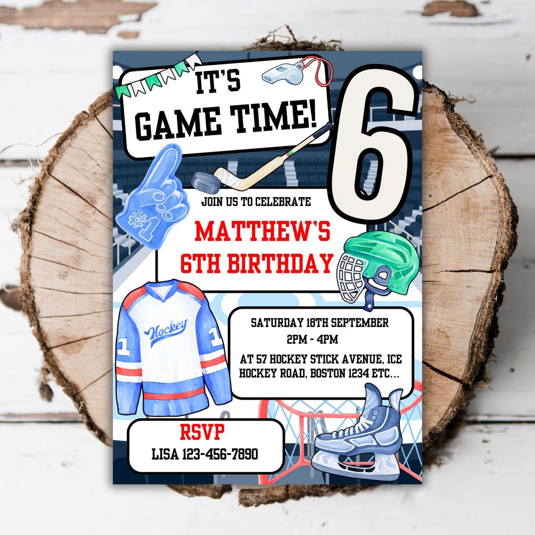 Printable Ice Hockey Boys 6th Birthday Invitation Editable Turning Six ...