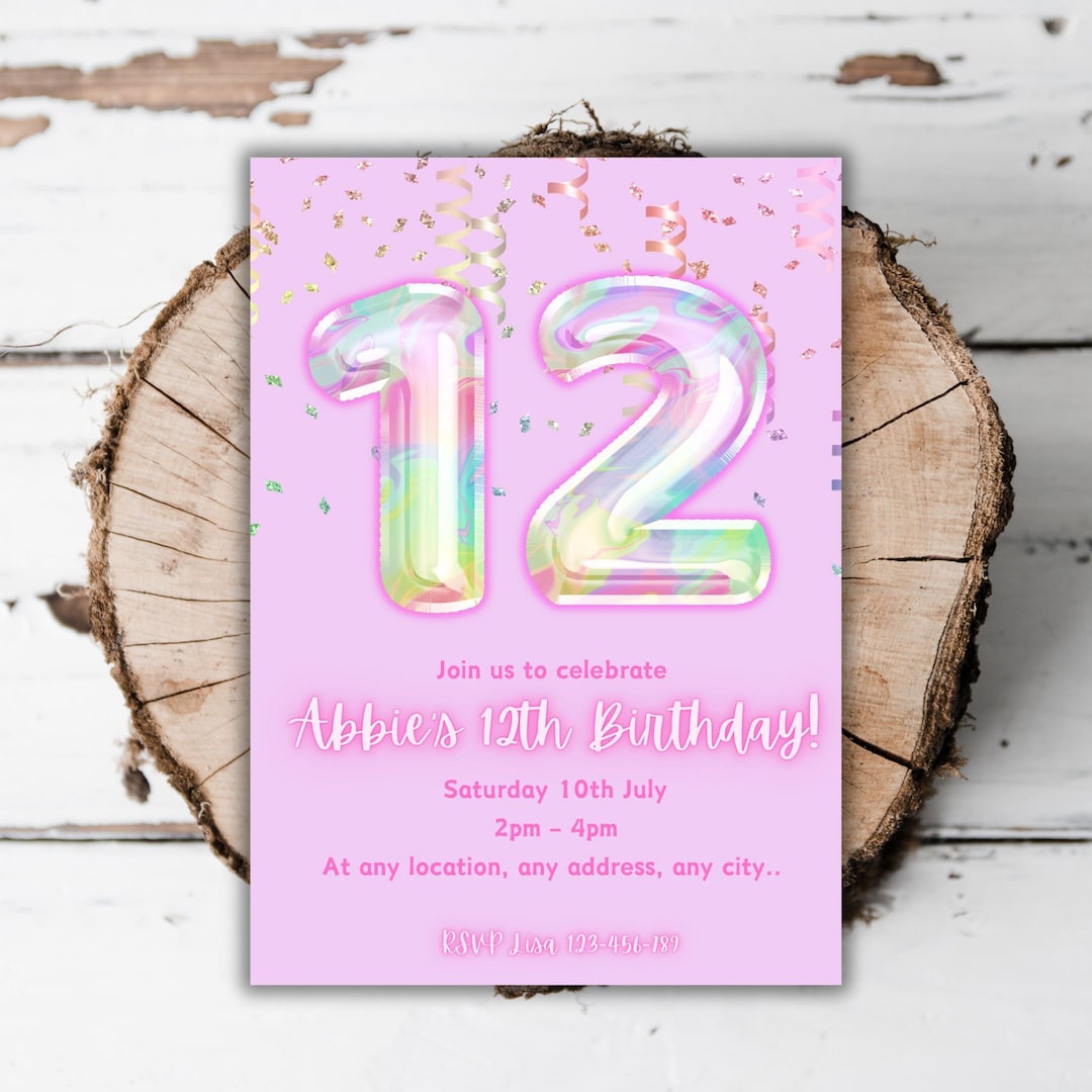 Editable Pink Girls 12th Birthday Invitation Glitter Template Foil ...
